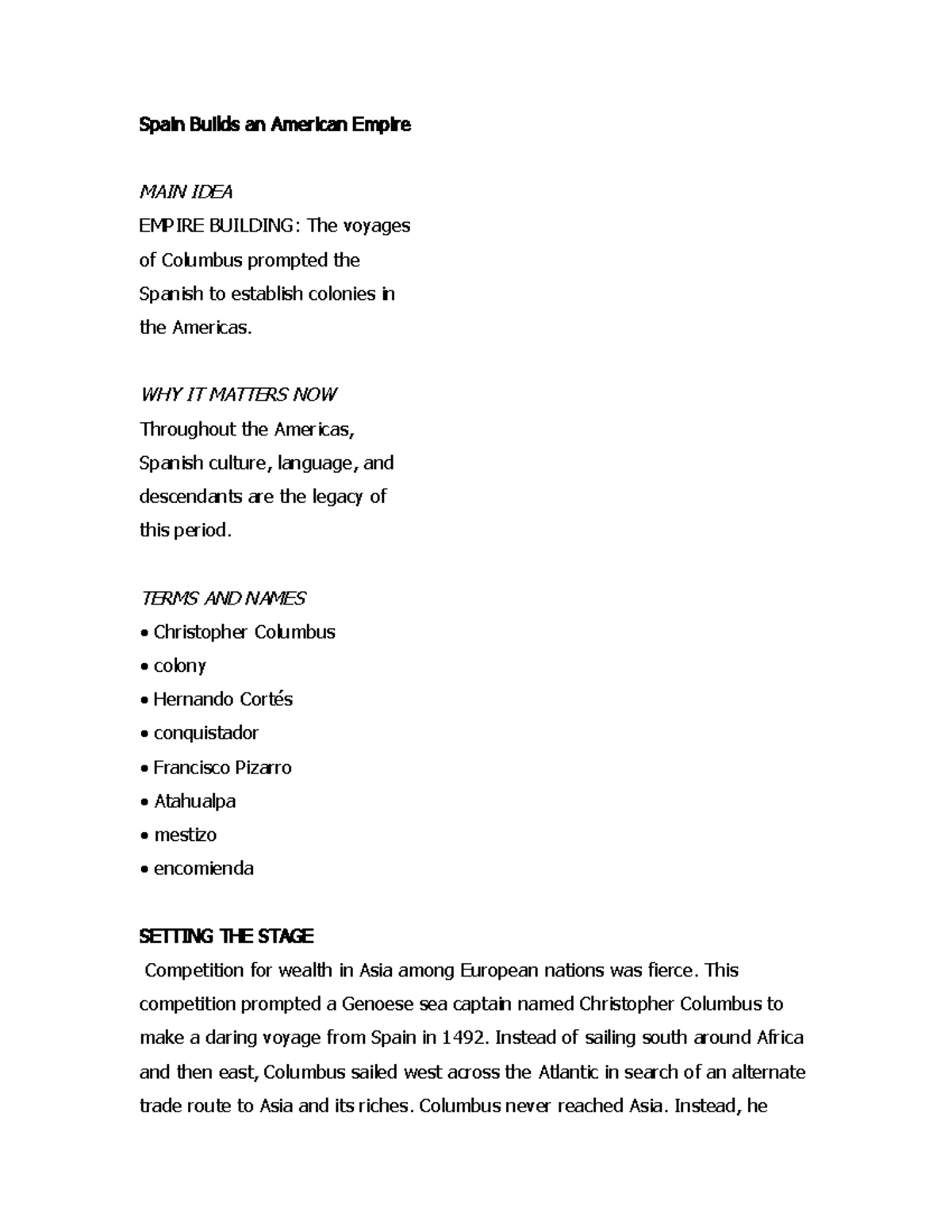 World history wordcopy - Spain Builds an American Empire MAIN IDEA ...