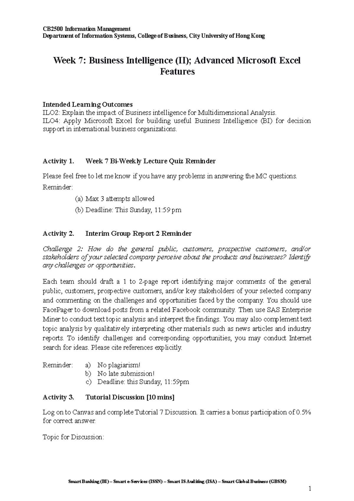 CB2500 - Tutorial Week07 - Department of Information Systems, College of Business, City ...