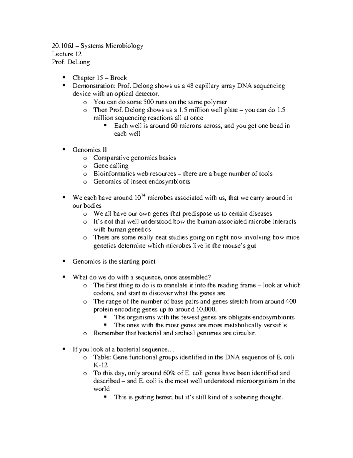 Notes about genomes - 20 – Systems Microbiology Lecture 12 Prof. DeLong ...