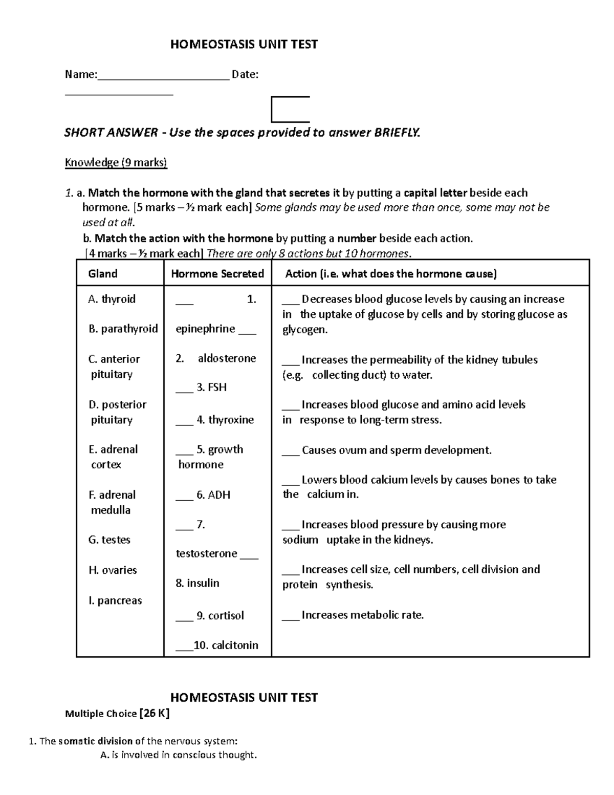 4.14.1 Homeostasis Unit Test - HOMEOSTASIS UNIT TEST Name ...