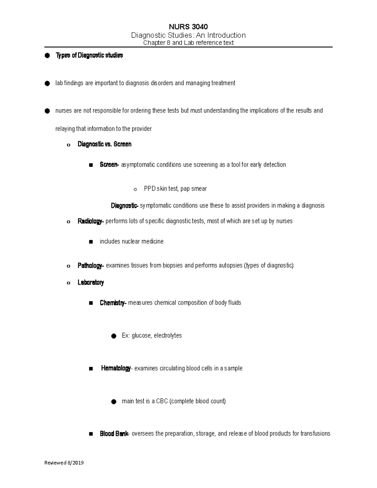 Diagnostics (Lecture 4) - Chapter 8 and Lab reference text Types of ...