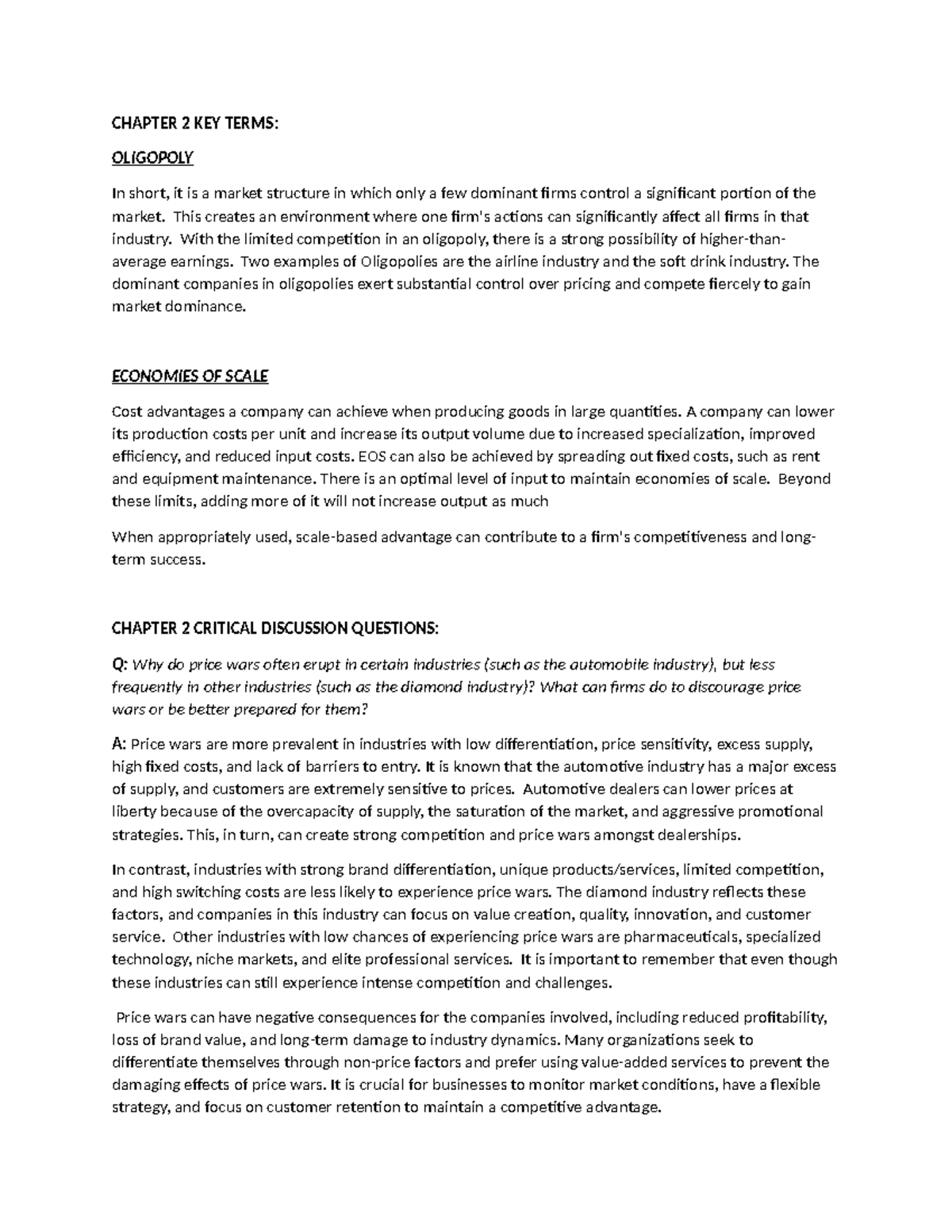 Chapter 2 KEY Terms - CHAPTER 2 KEY TERMS: OLIGOPOLY In short, it is a market structure in which ...