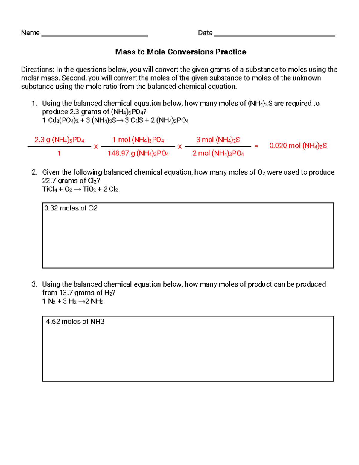 2 many similar names - Mole cheat sheet. - Name Date Mass to Mole ...