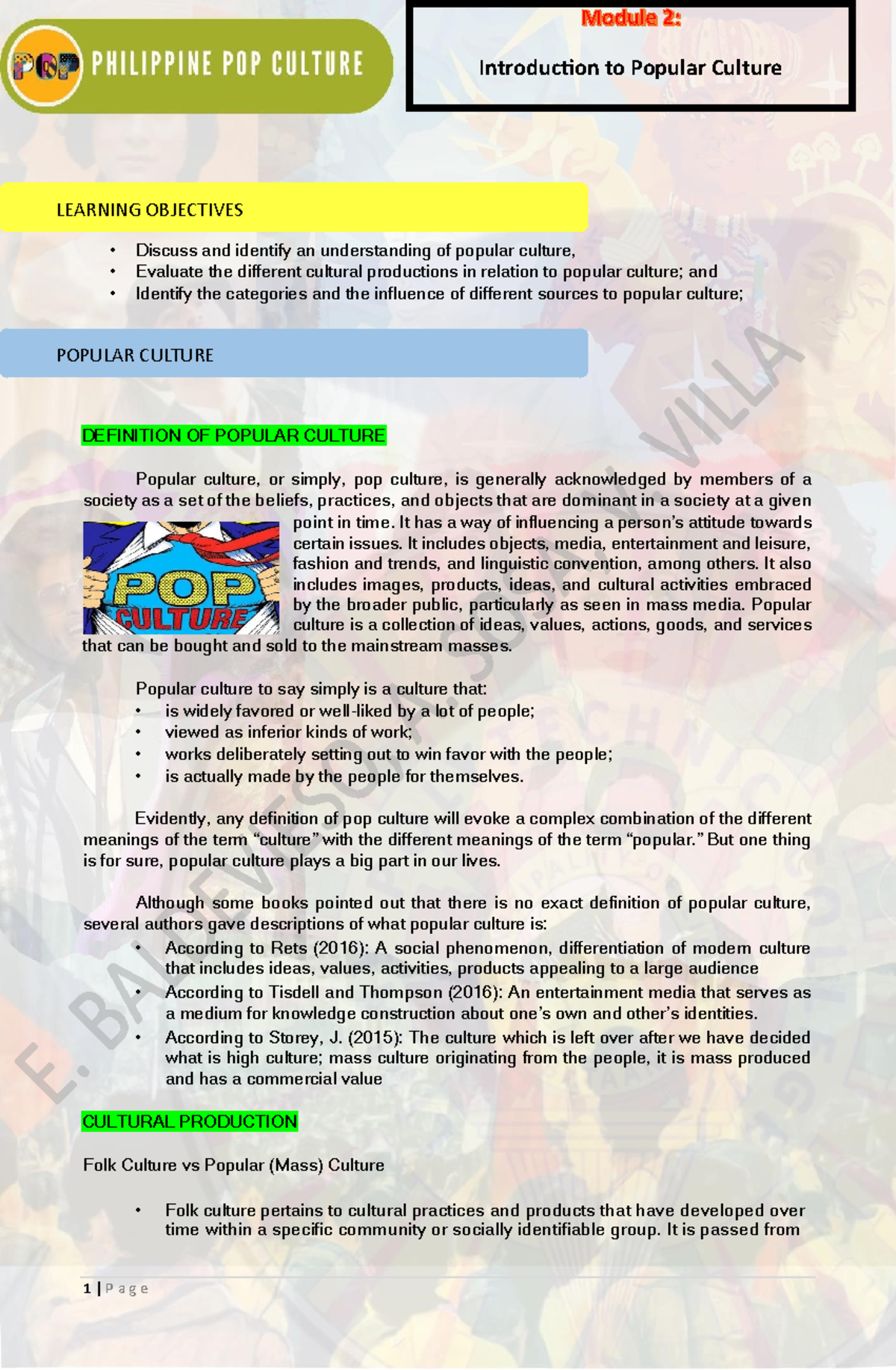 Module-2 POP CULTURE - • Discuss and identify an understanding of ...