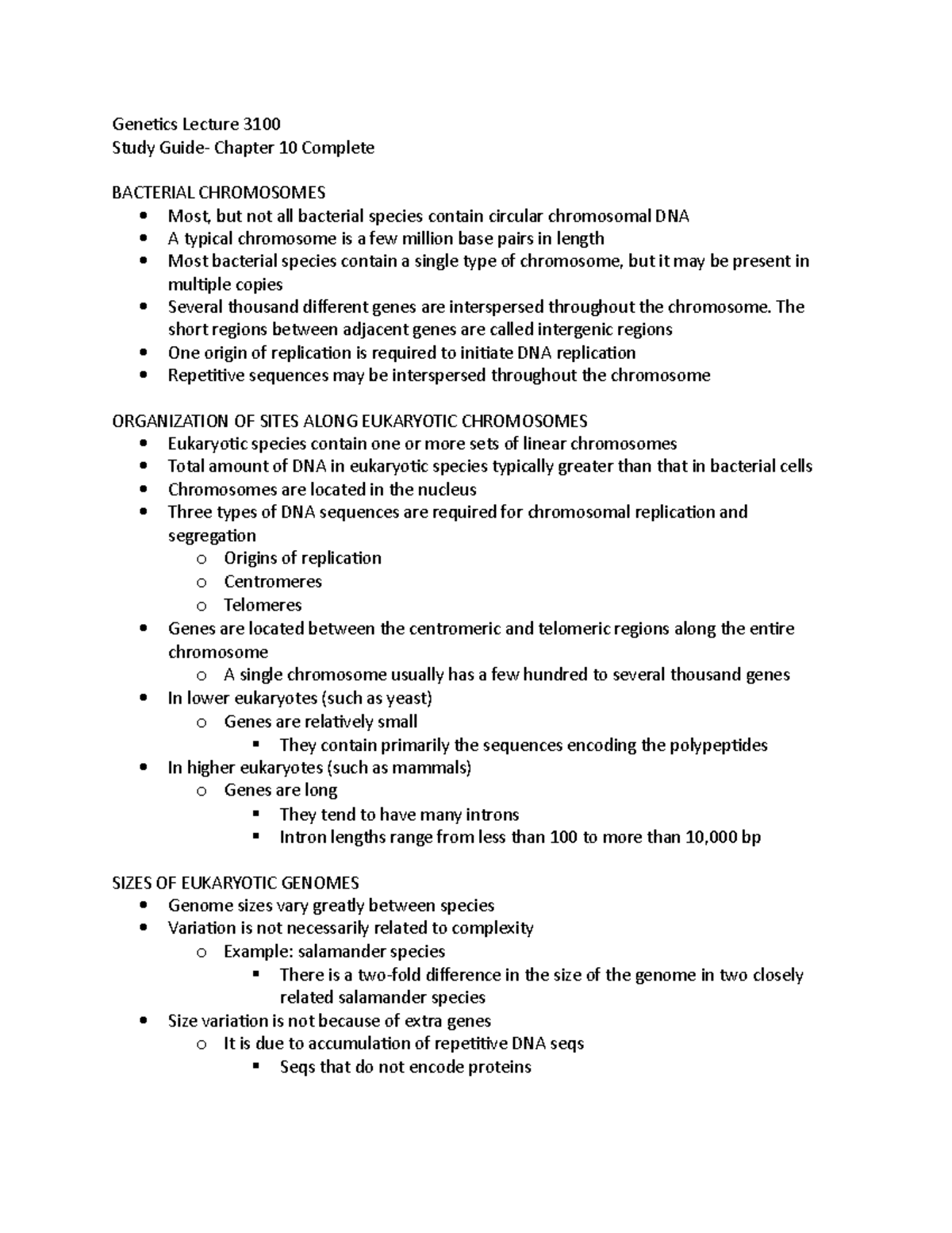Study Guide Chapter 10 - Dr. Cole Easson - Genetics Lecture 3100 Study Guide- Chapter 10 ...