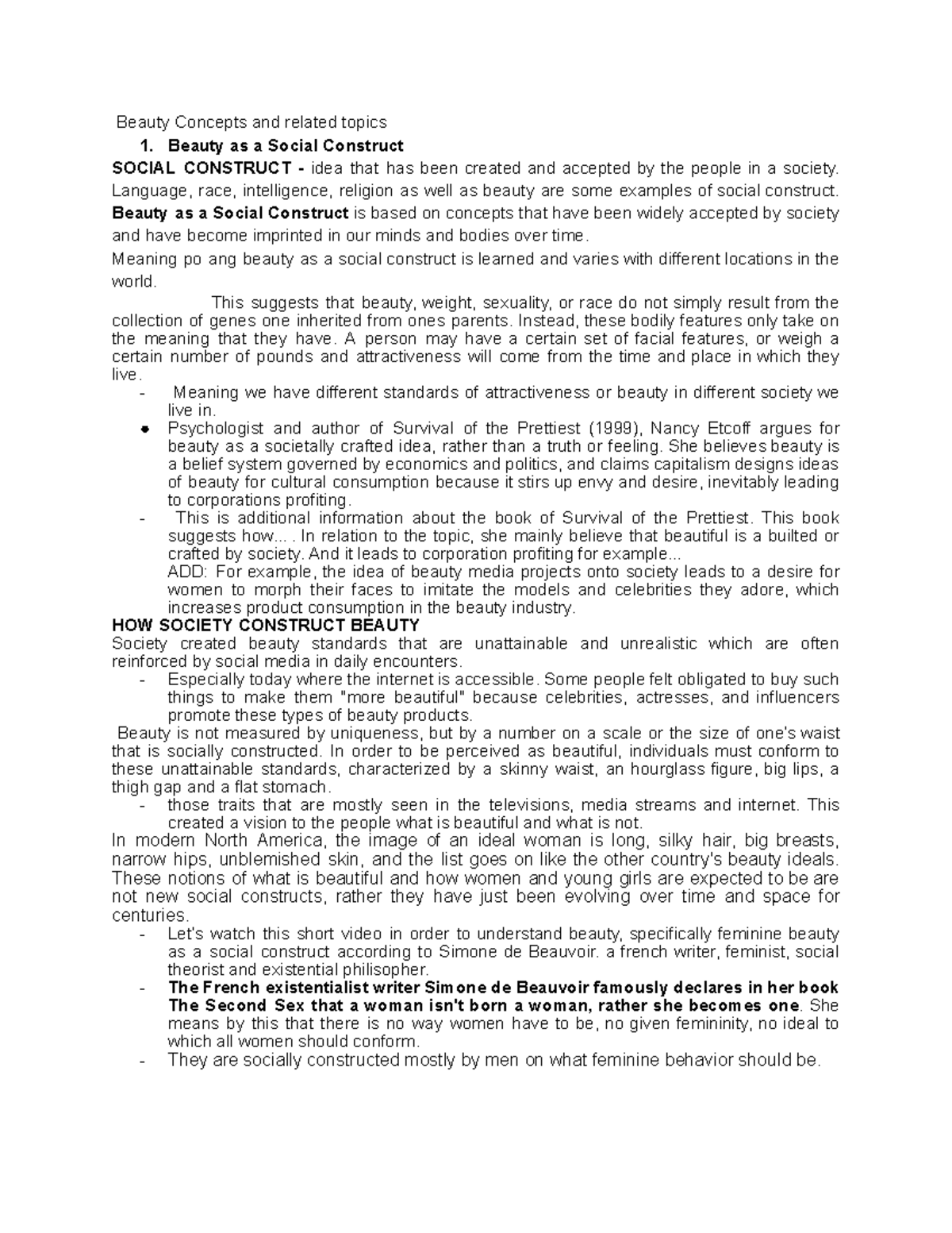 Beauty Concepts - Summary Understanding Self - Beauty Concepts and ...