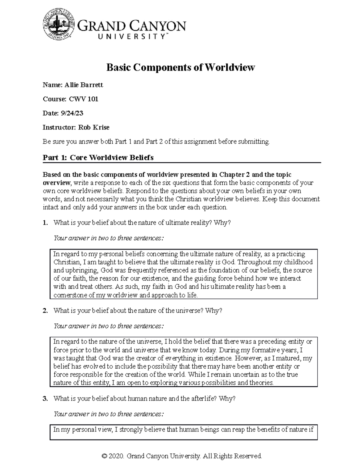 CWV 101 301 RS T1Basic Components Of Worldview - Basic Components of Worldview Name: Allie ...