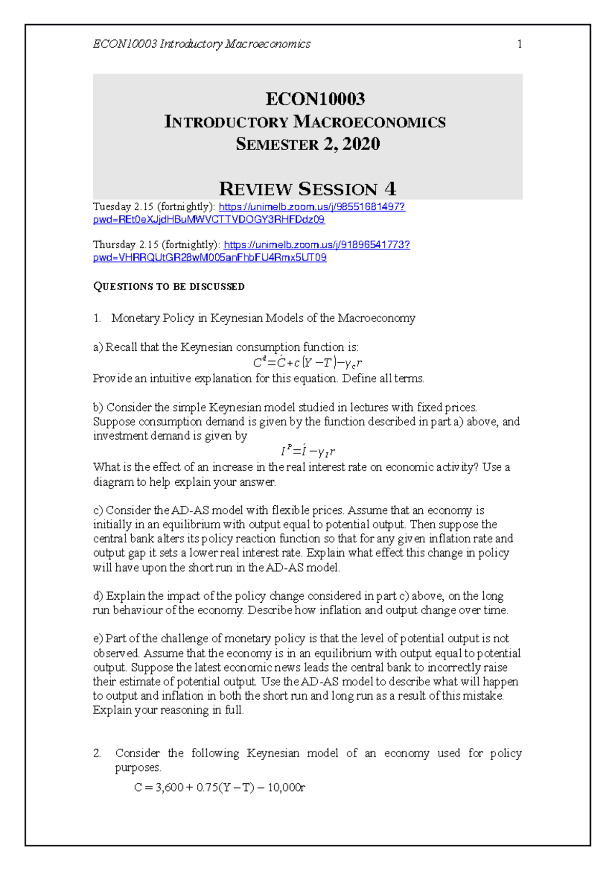 Review Session 4 - ECON10003 Introductory Macroeconomics ECON ...