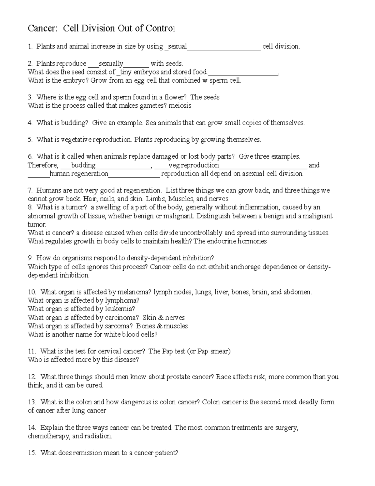 46 h BIO Cancer Tutorial biology honors - Cancer: Cell Division Out of ...