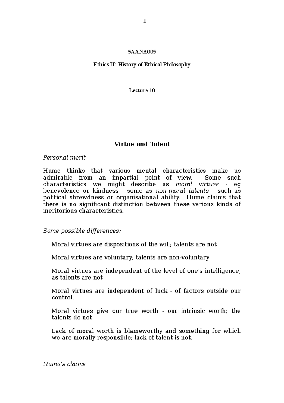 W10 Tutorial Handout - Virtue and Talent - 1 5AANA Ethics II: History of Ethical Philosophy ...