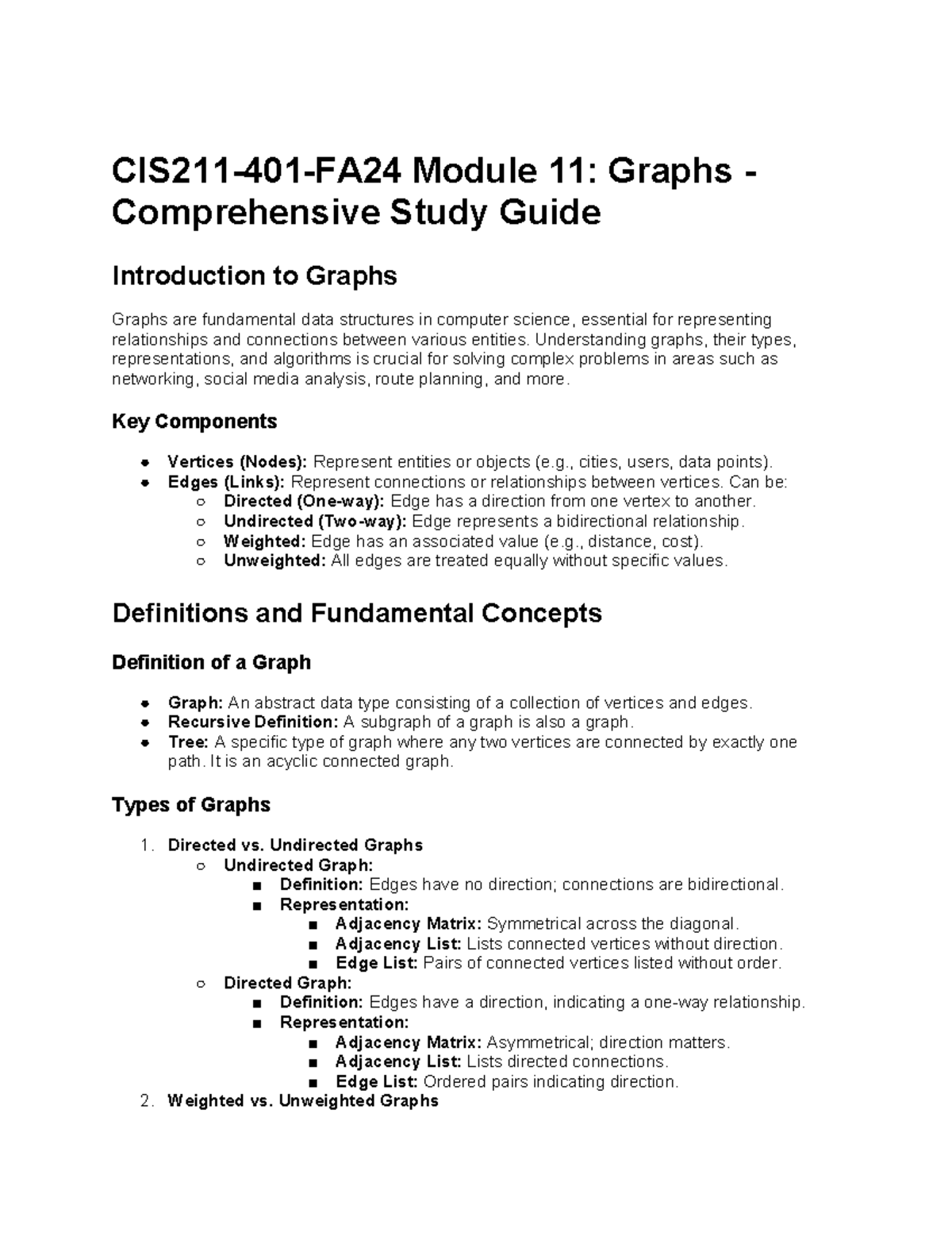 CIS211-401-FA24 Module 11 Graphs - Comprehensive Study Guide - CIS211-401-FA24 Module 11: Graphs ...