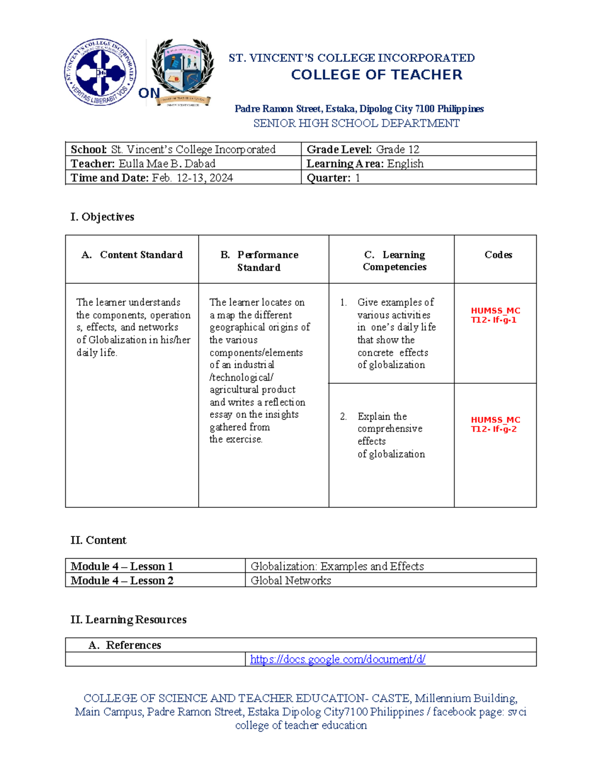 Semi detailed lesson plan - ST. VINCENT’S COLLEGE INCORPORATED COLLEGE ...