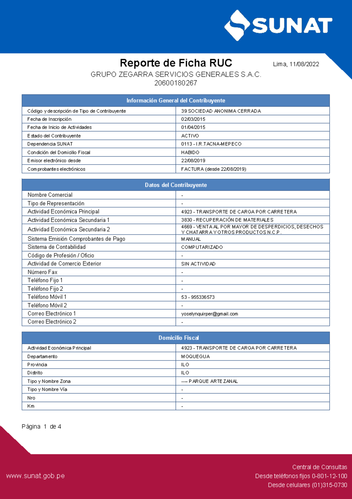 Ficha RUC - Transporte - DFSADF - InformaciÛn General del Contribuyente ...