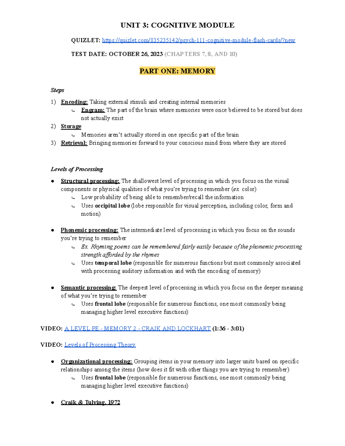 Psych 111 Cognitive Module notes - QUIZLET: - Studocu