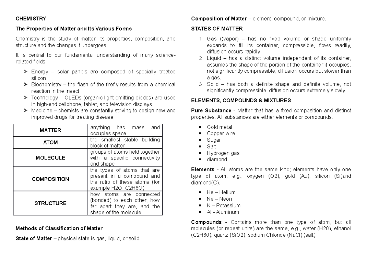 Chemistry Notes - N/A - CHEMISTRY The Properties of Matter and Its ...