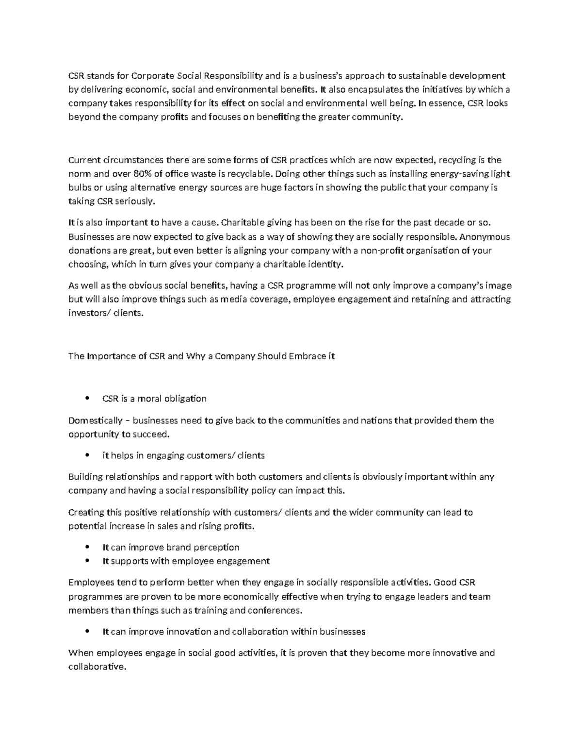 CSR stands for Corporate Social Responsibility and is a business - It ...