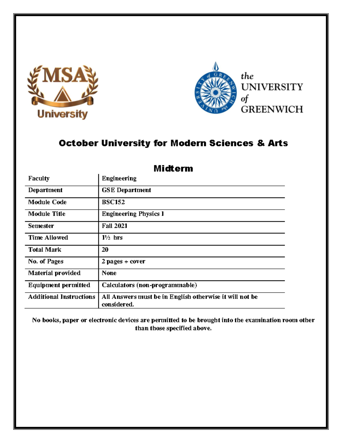 Midterm exam - Fall 2021 - October University for Modern Sciences ...
