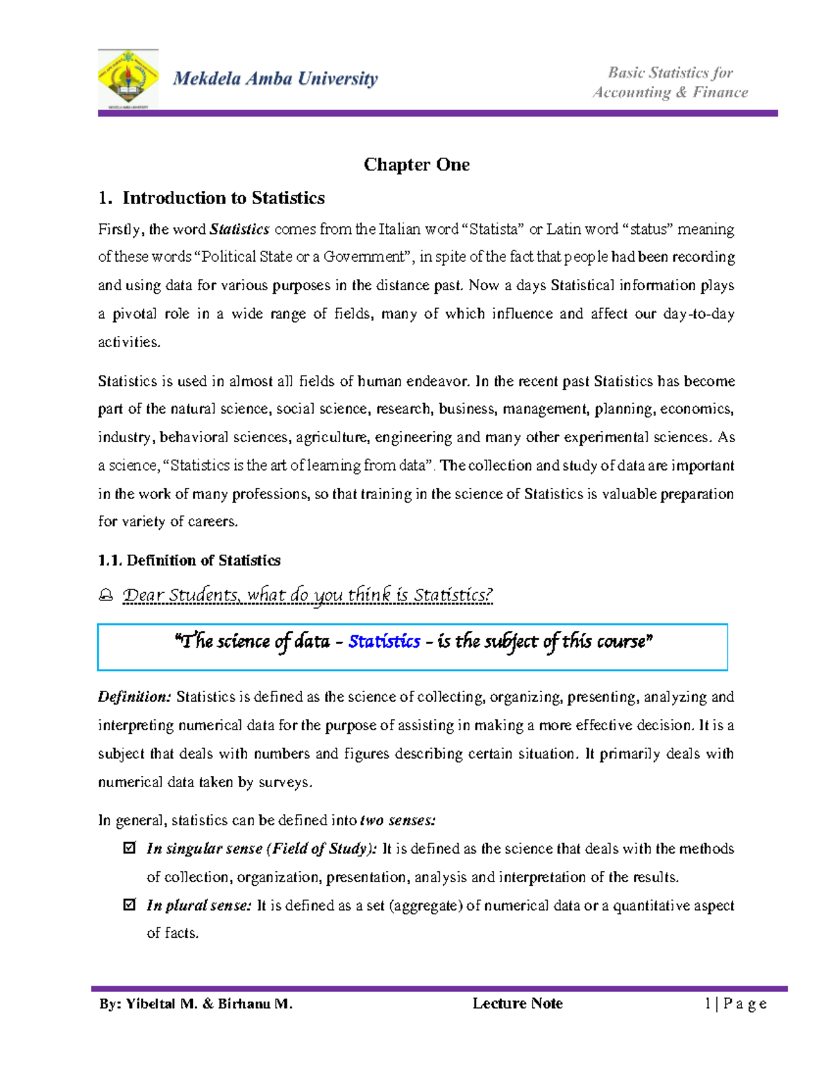 Basic Statistics for Ac Fn (CH - 1 & 2) - Chapter One 1. Introduction ...