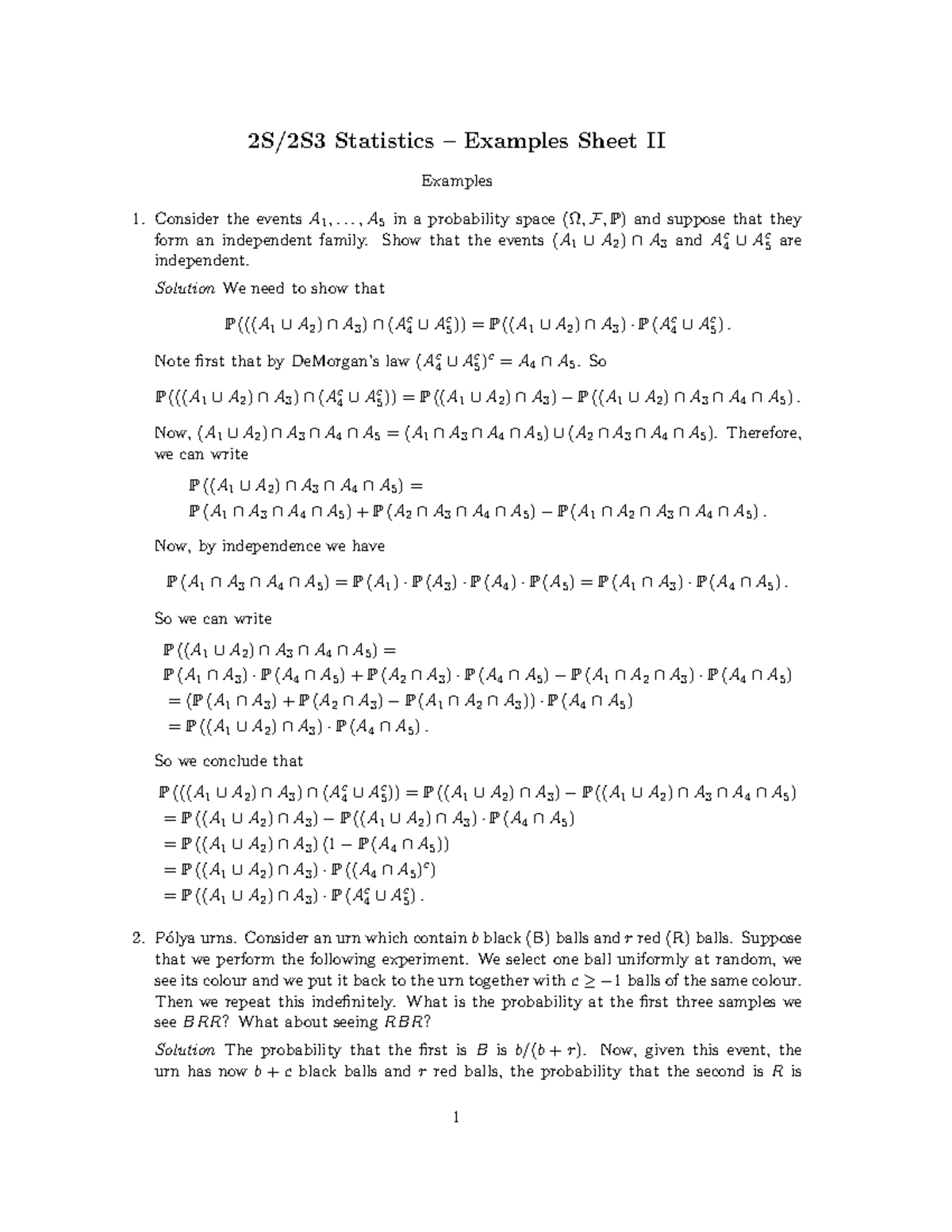 Examples sheet 2 with solutions - 2S/2S3 Statistics – Examples Sheet II ...