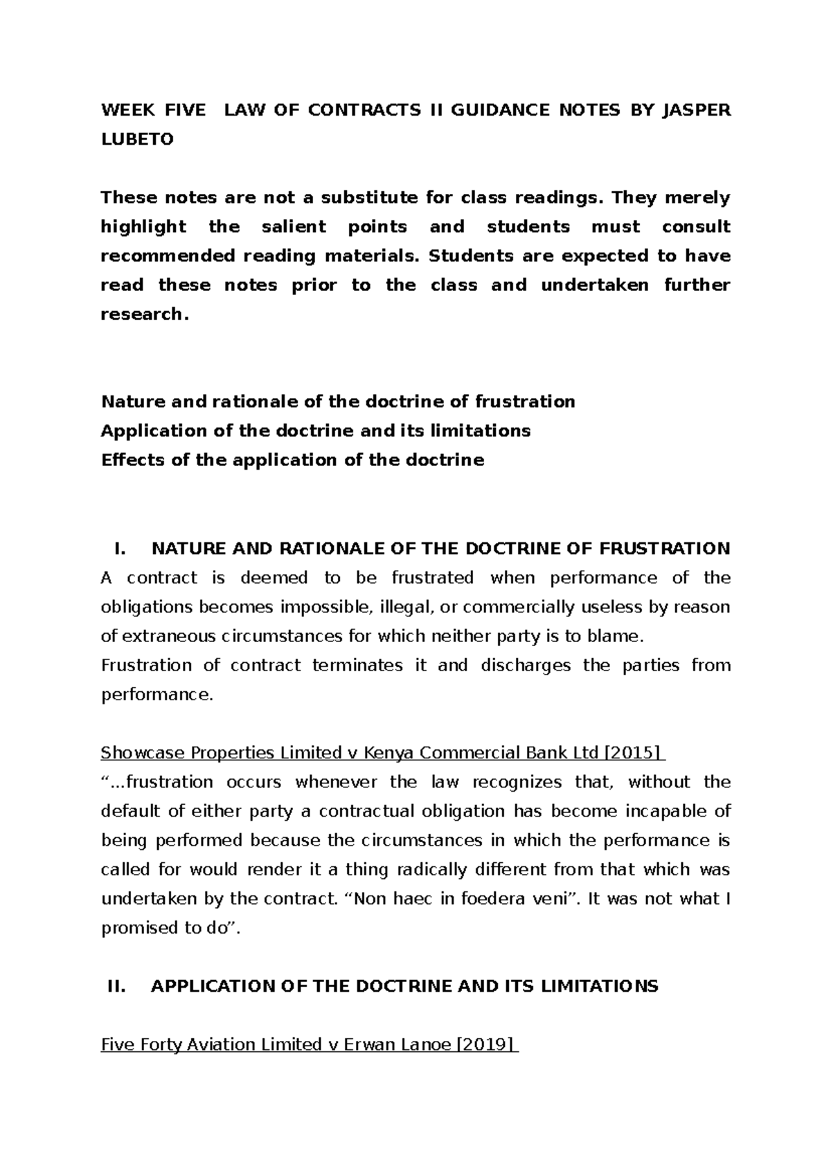 Frustration 15022023 - WEEK FIVE LAW OF CONTRACTS II GUIDANCE NOTES BY ...