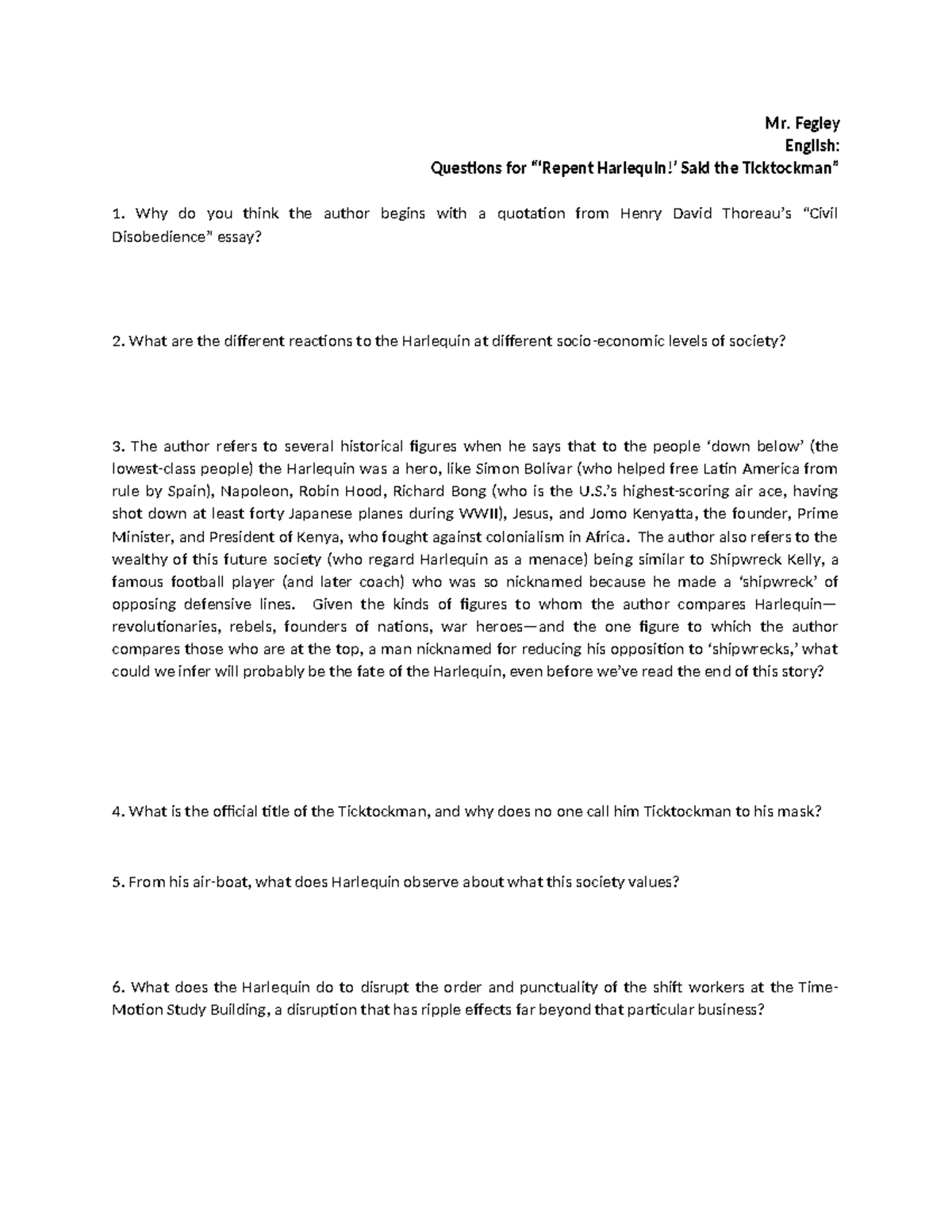 Ticktockman student - short story - Mr. Fegley English: Questions for ...