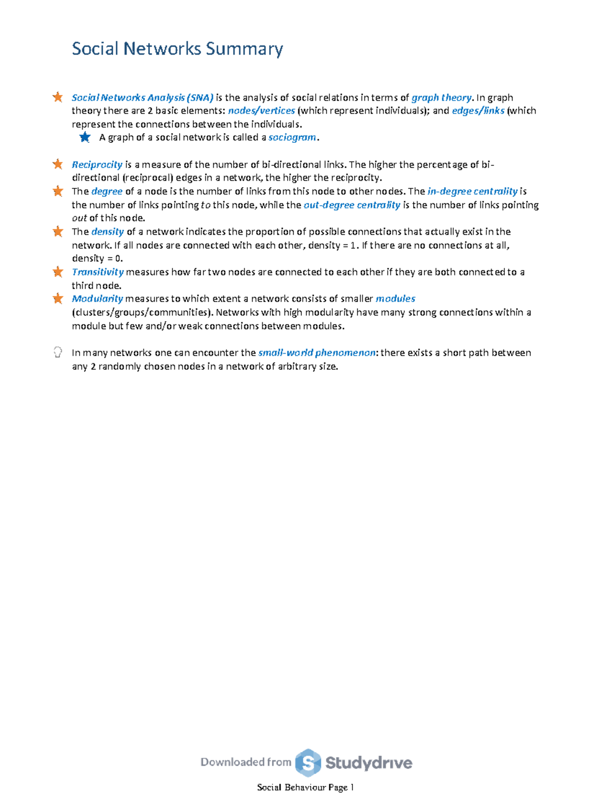 Social Networks Summary - Social Networks Analysis (SNA) is the ...