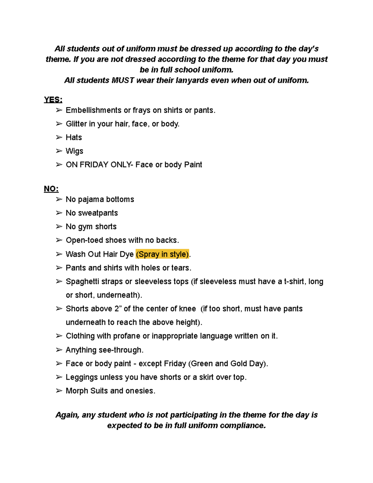 Spirit Week Dress Code - nmmnj,l - All students out of uniform must be ...