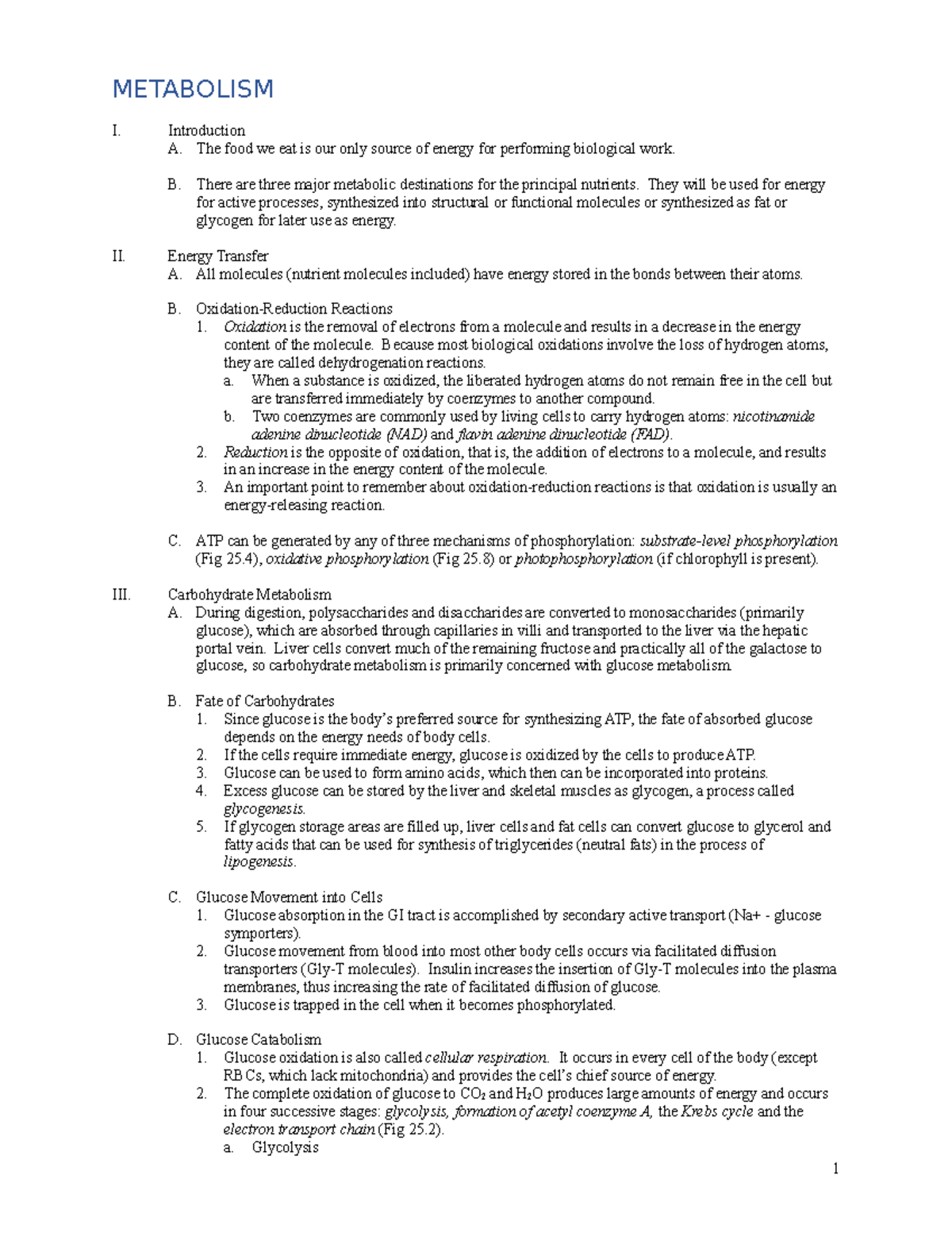 CH 25 Metabolism - outline notes - METABOLISM I. Introduction A. The ...