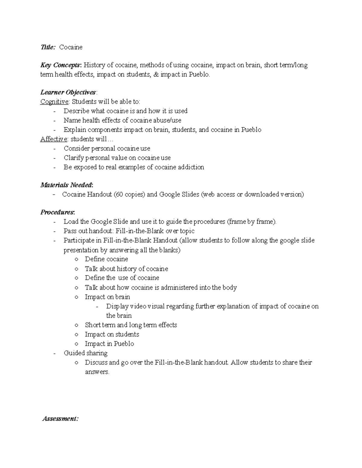 Cocaine Lesson Plan - Prof. Brenes - Title: Cocaine Key Concepts ...