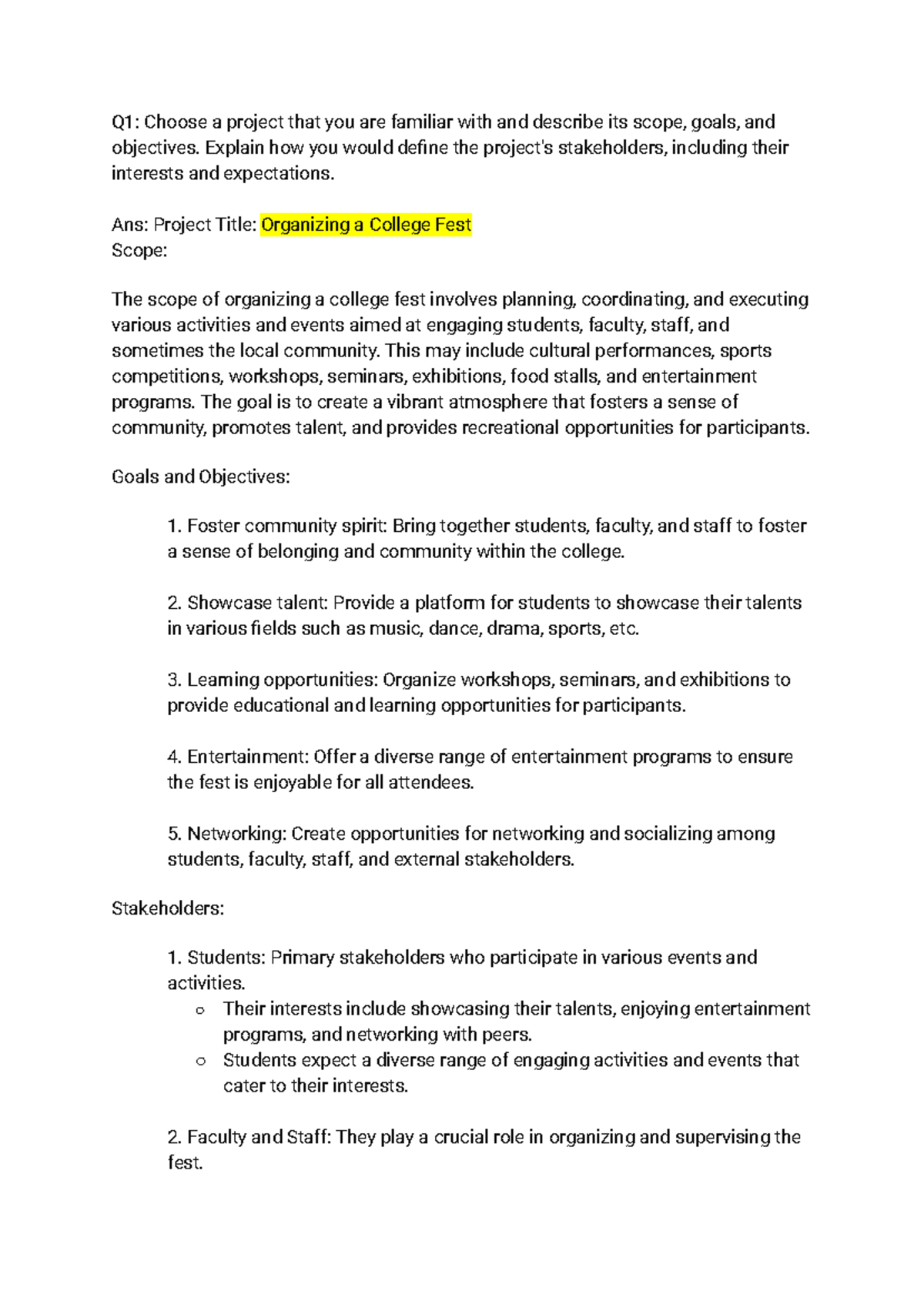 Important question Project Management - Q1: Choose a project that you ...