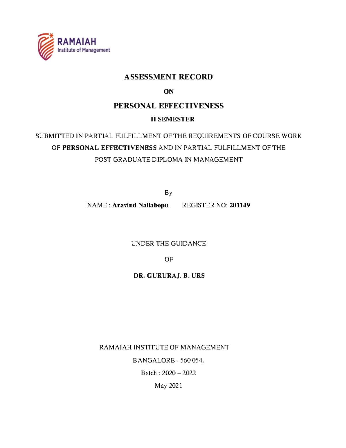PE Record Template-merged - ASSESSMENT RECORD ON PERSONAL EFFECTIVENESS ...