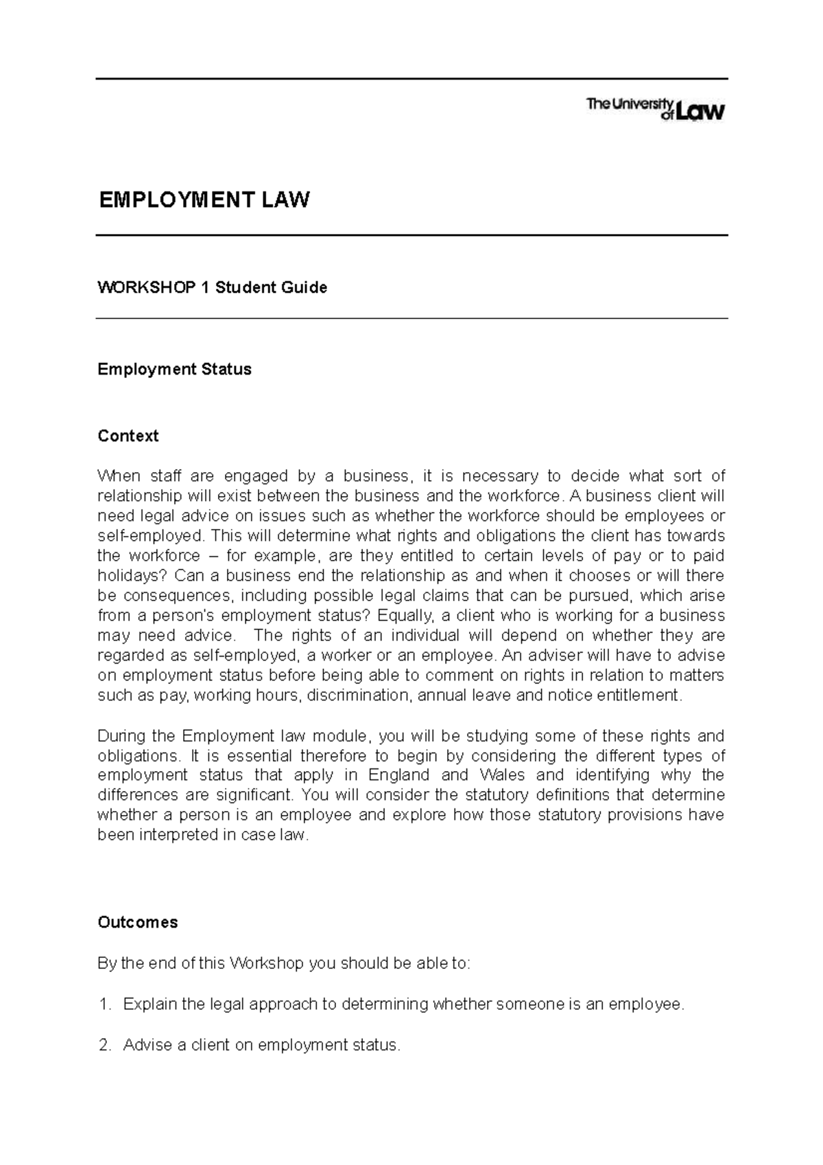 Employ 1 classwork - EMPLOYMENT LAW WORKSHOP 1 Student Guide Employment ...