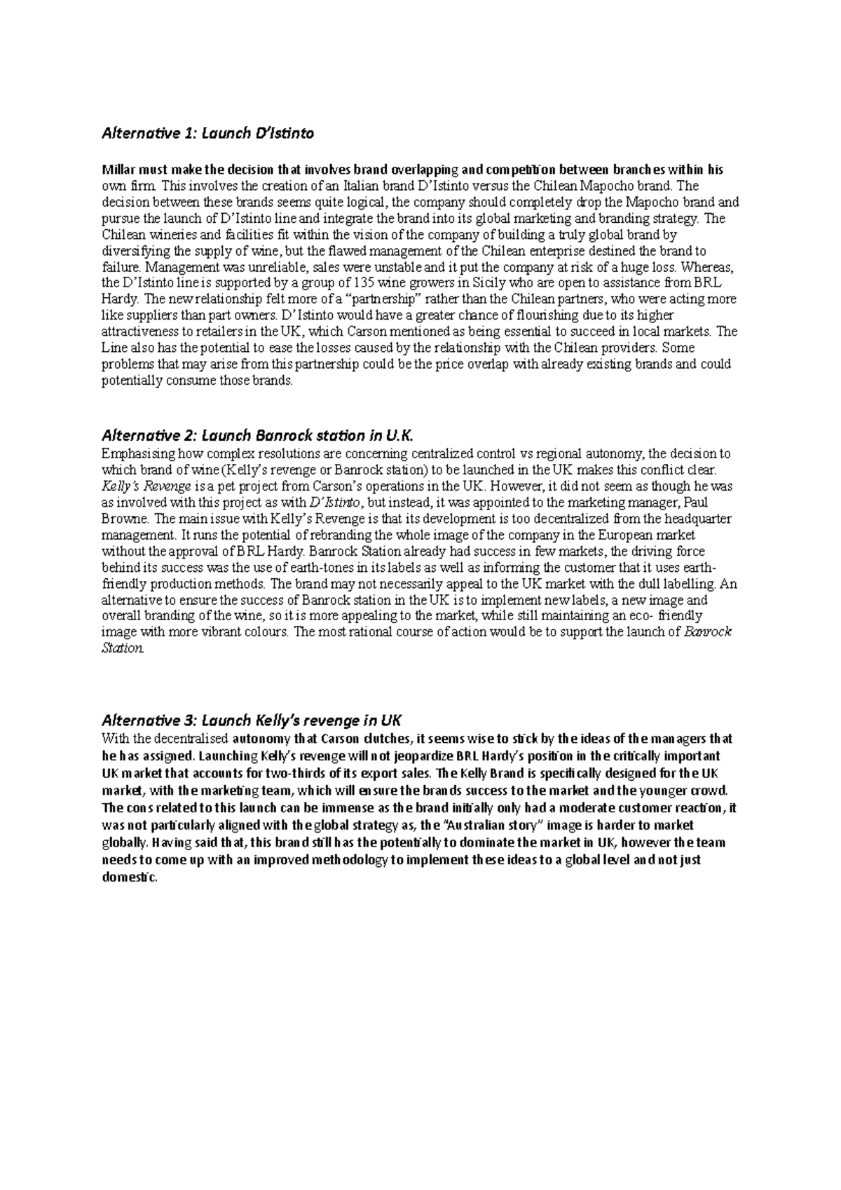 Alternative 1 - Grade: B+ - Alternative 1: Launch D’Istinto Millar must ...