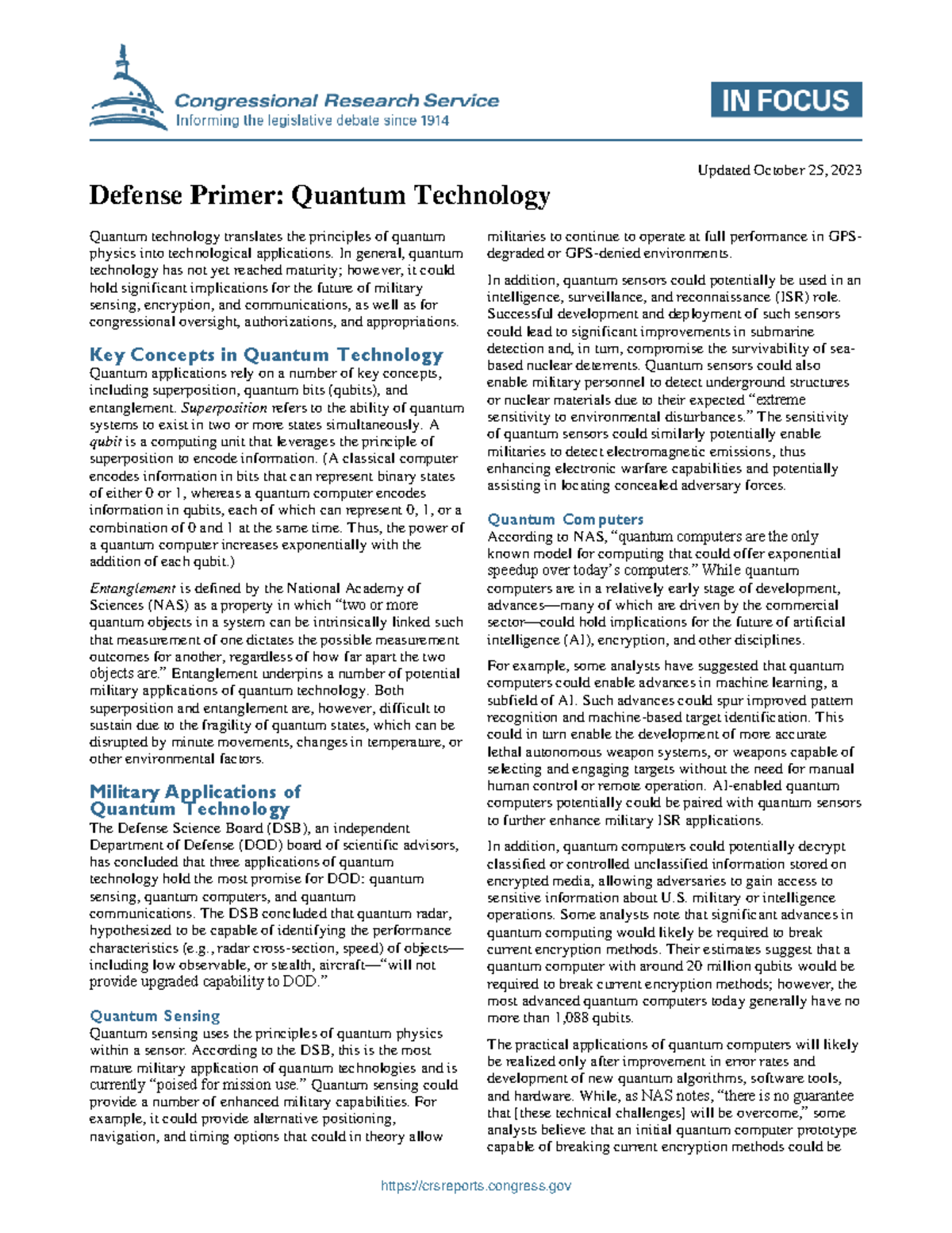 IF11836 - Good - crsreports.congress Updated October 25, 2023 Defense Primer: Quantum Technology ...
