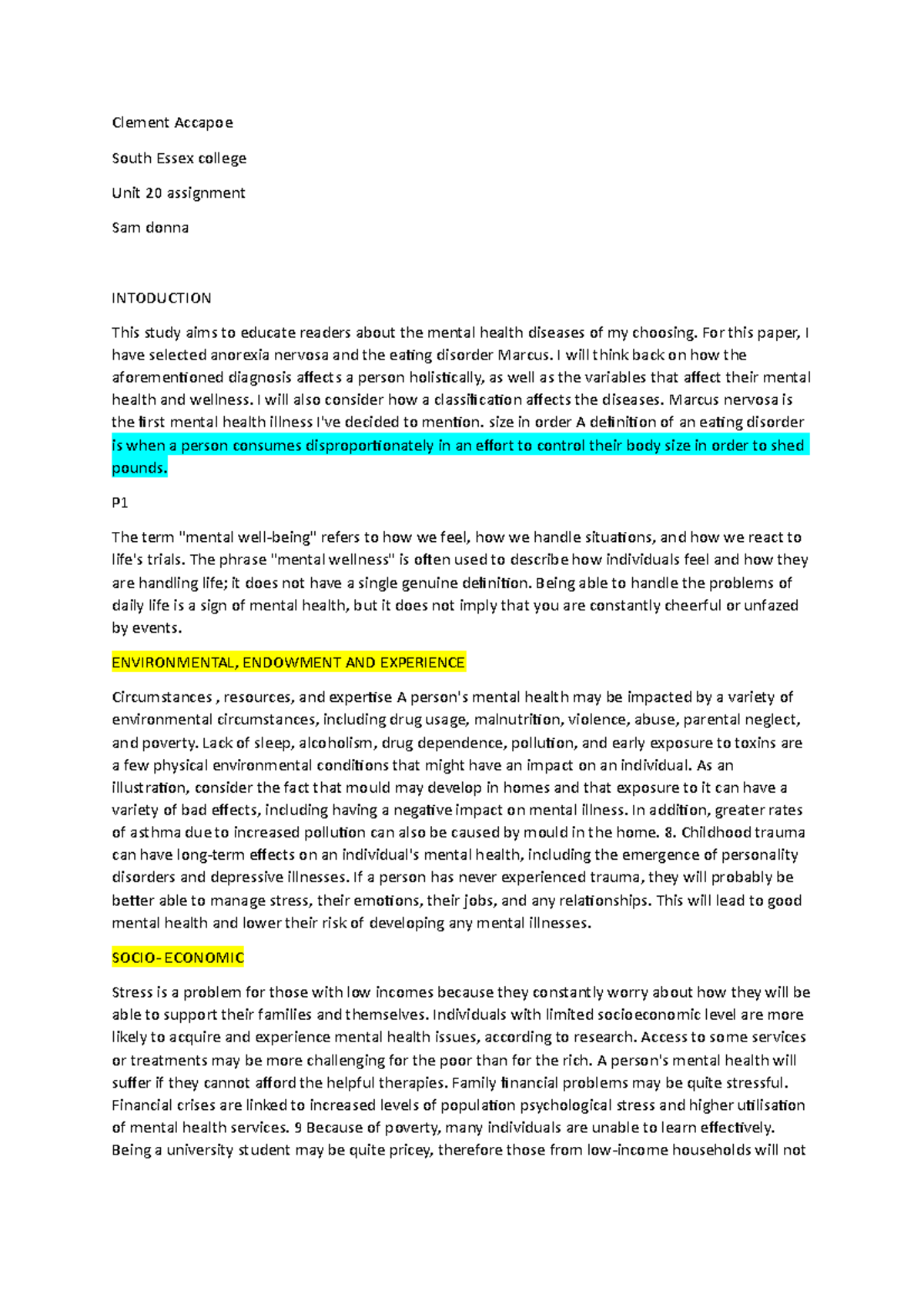 Mental health assignment 2.1 ghfhgk - Clement Accapoe South Essex college Unit 20 assignment Sam ...
