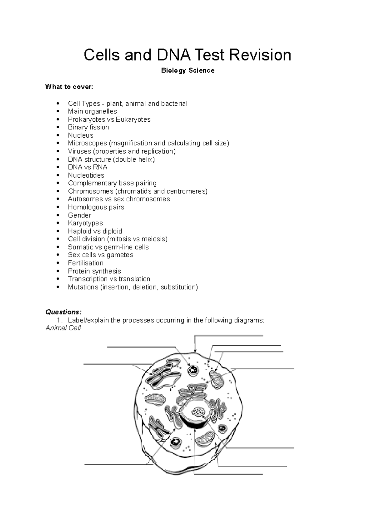 Cells and DNA Test Revision - Cells and DNA Test Revision Biology ...