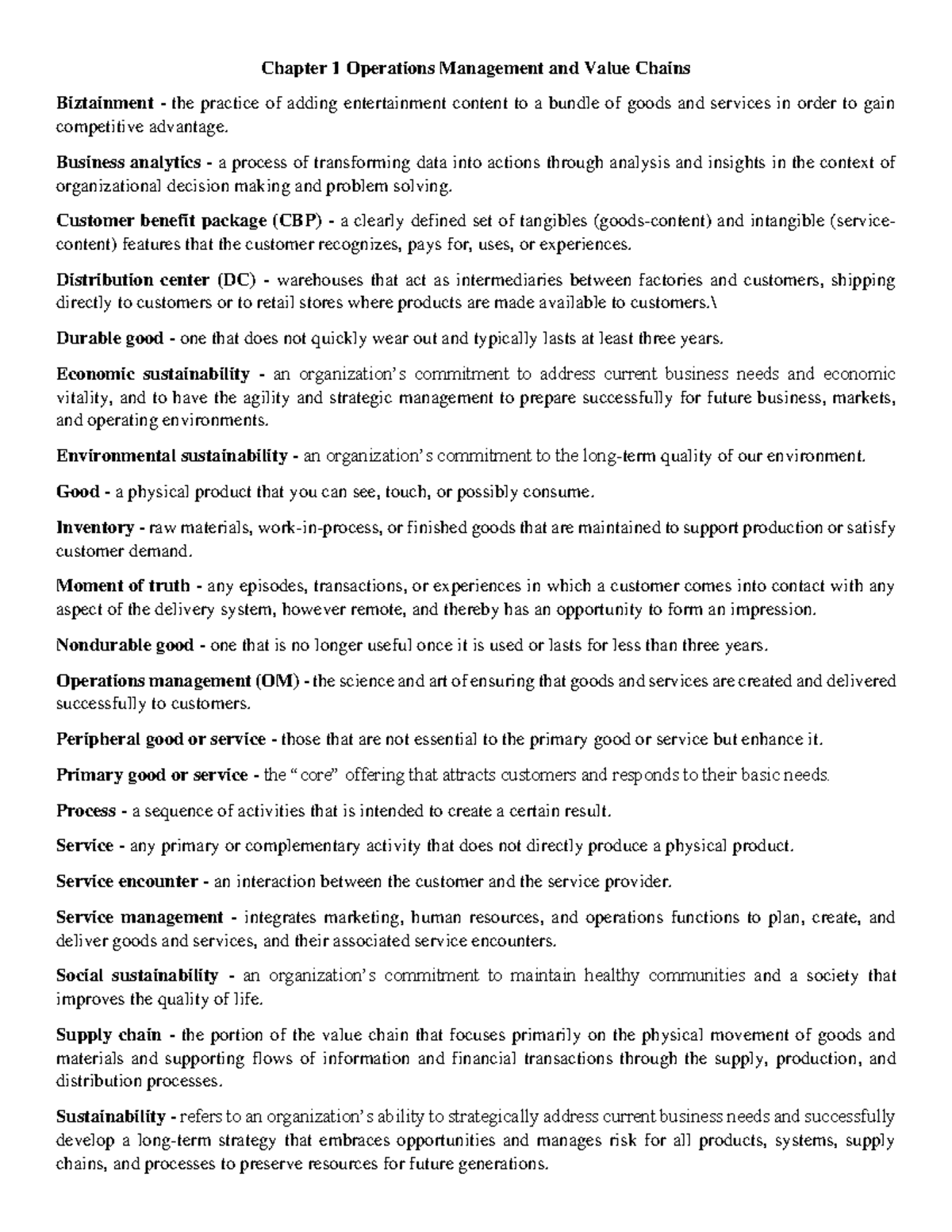 Operation management reviewer 2 - Chapter 1 Operations Management and ...