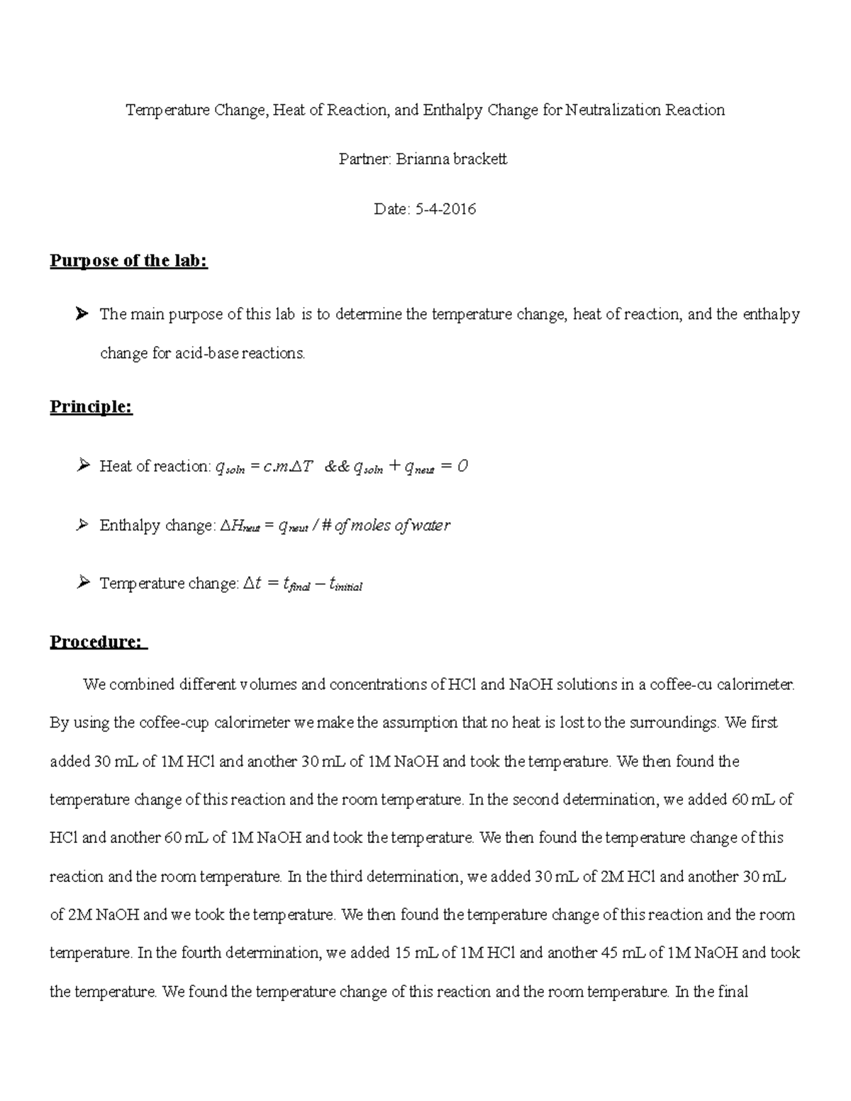 Temperature Change - lab report - Temperature Change, Heat of Reaction ...
