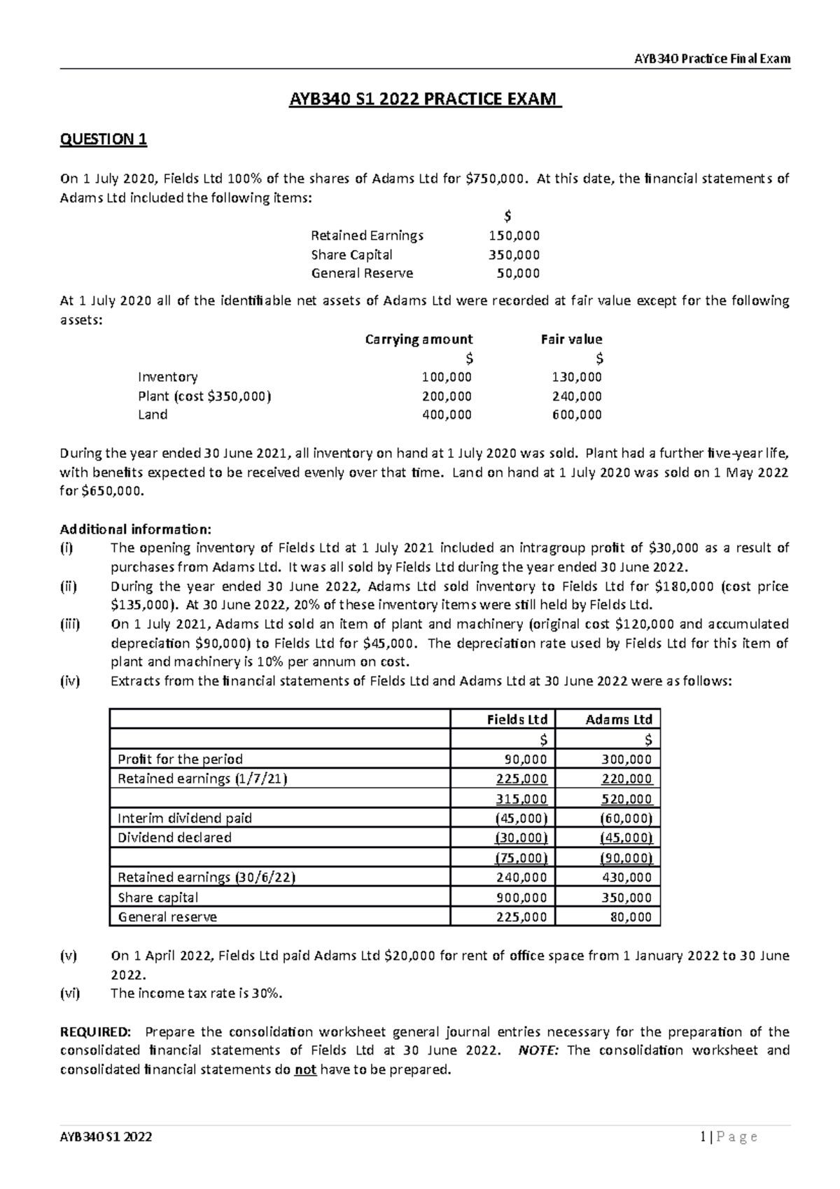 AYB340 Practice Exam S1 2022 Questions - AYB340 Practice Final Exam AYB340 S1 2022 PRACTICE EXAM ...