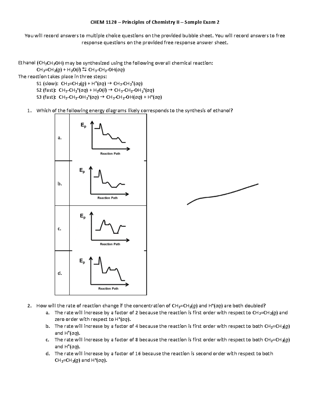 CHEM 1120 Sample Exam 2 - CHEM 1120 – Principles of Chemistry II – Sample Exam 2 You will record ...