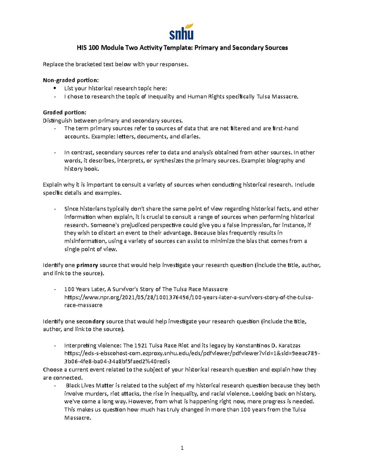 HIS 100 part 1-2 - HIS 100 Module Two Activity Template: Primary and ...