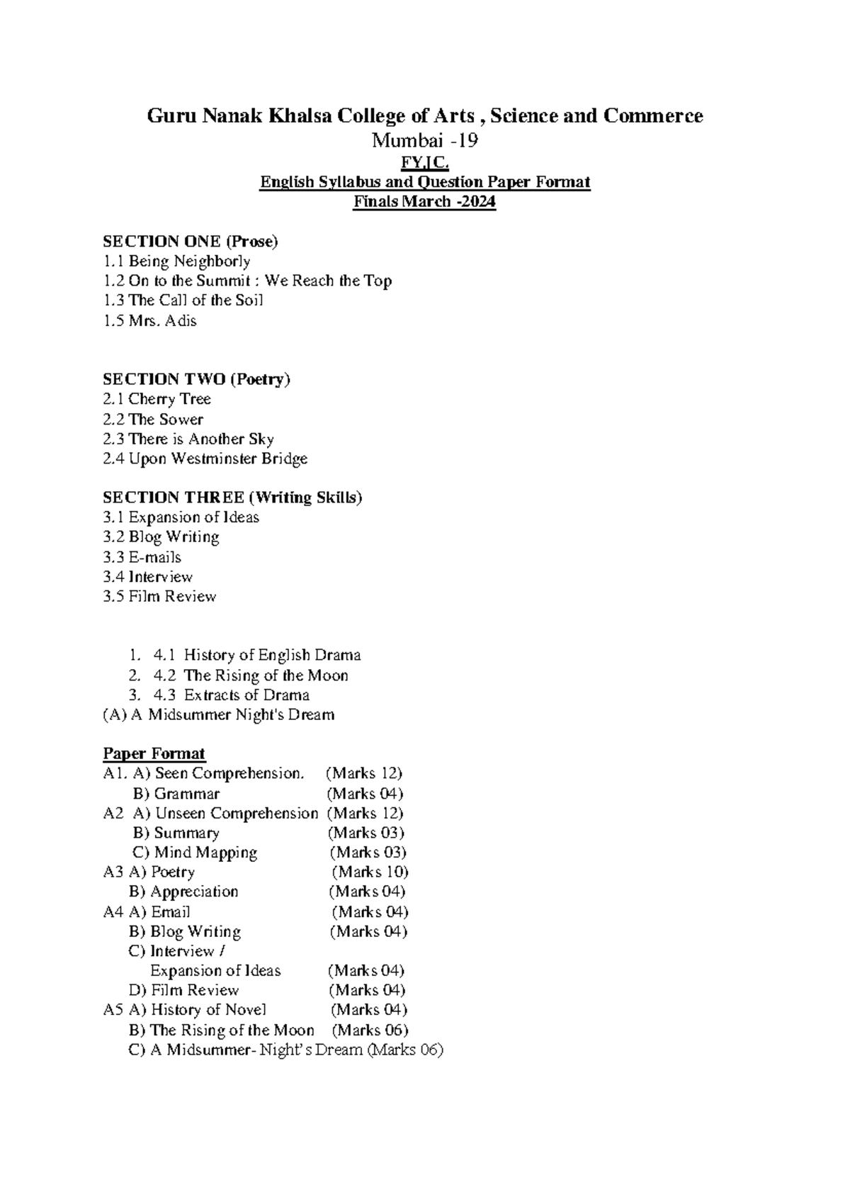FYJC English Syllabus & paper Pattern for March 2024 - Guru Nanak ...