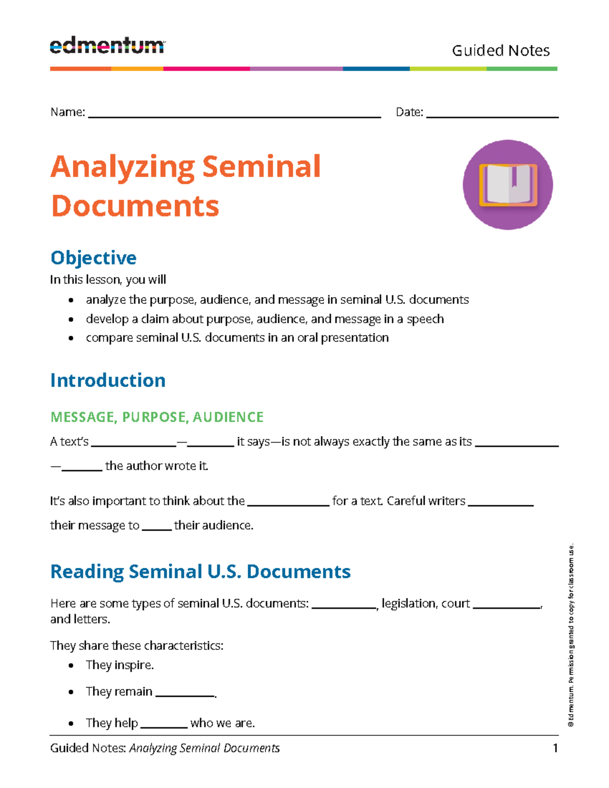 Analyzing Seminal Pt 1 - ©Edmentum. Permission granted to copy for classroom use. Name: Date ...