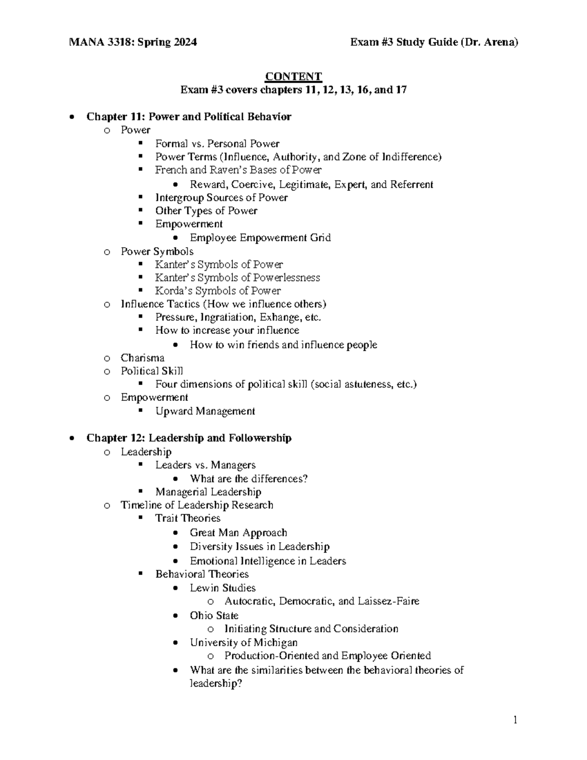 Exam #3 Study Guide MANA 3318 S24 - CONTENT Exam # 3 covers chapters 11 ...