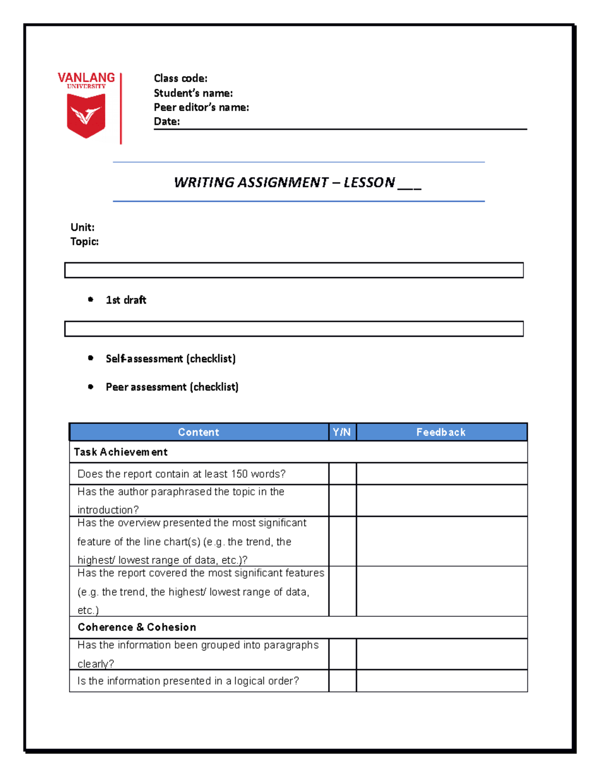 Template Writing assignment - Class code: Student’s name: Peer editor’s ...