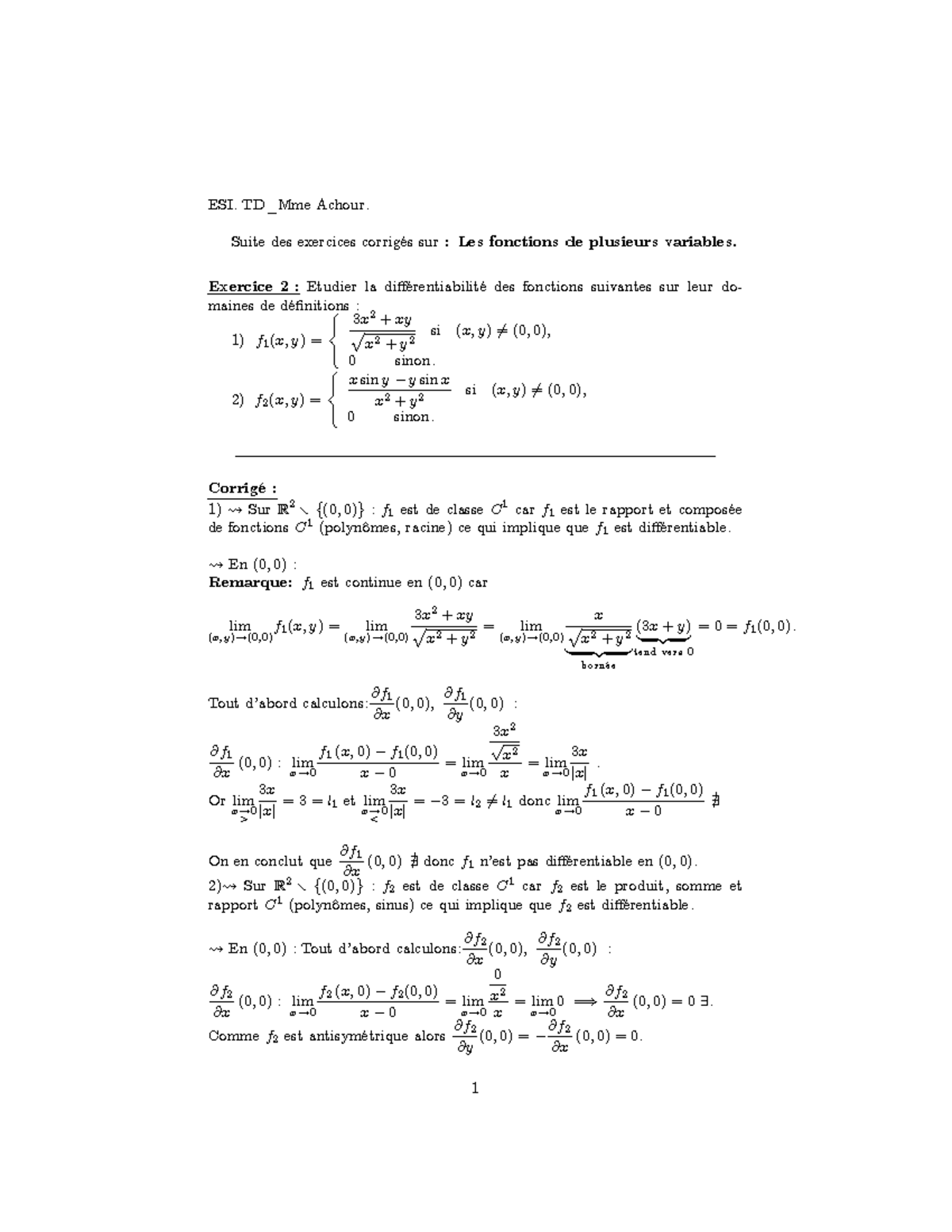 TD0 Corrigé Partie 2 EDP - ESI. TD_Mme Achour. Suite des exercices corrigÈs sur : Les fonctions ...