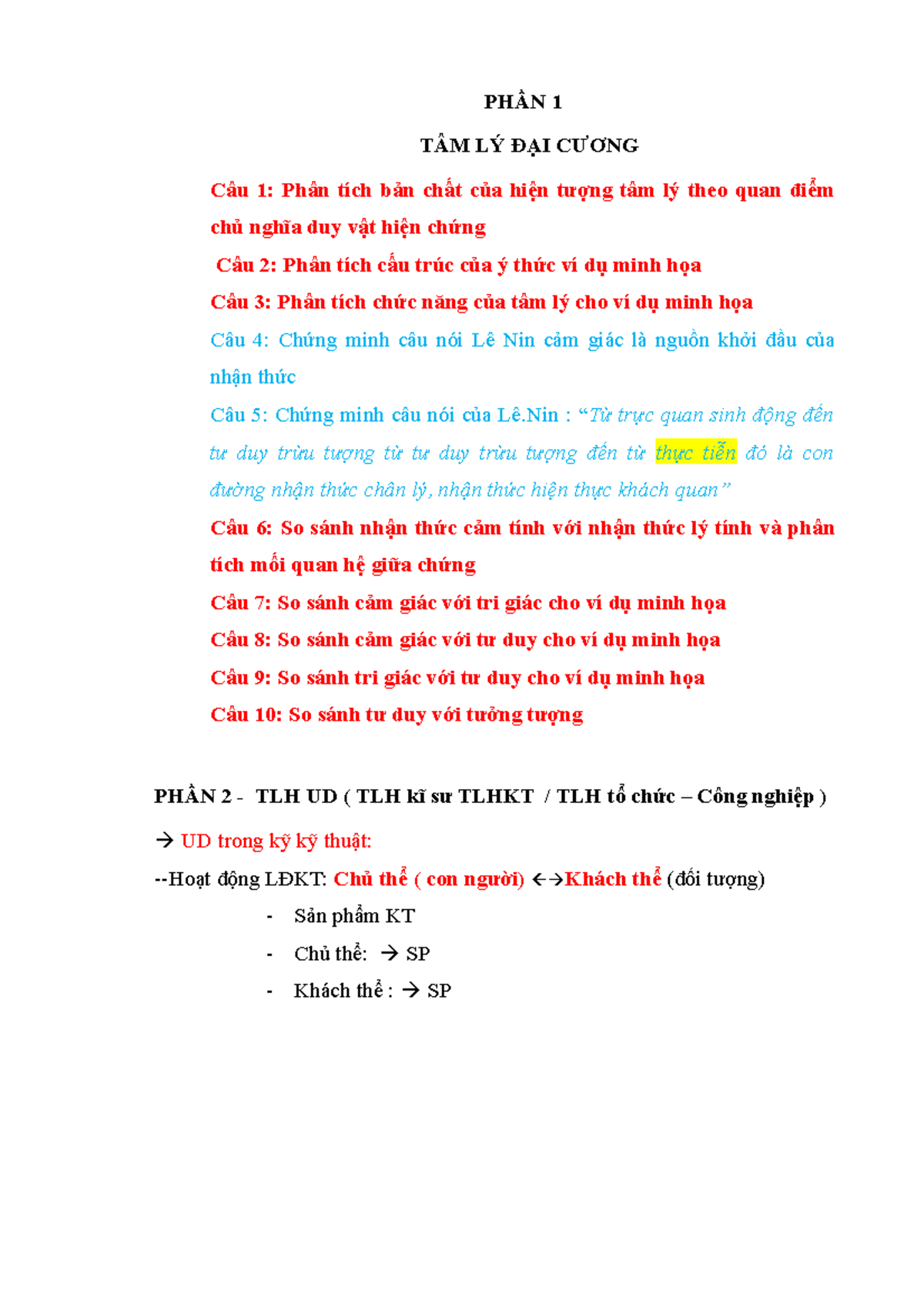 HD on-tap-tuan-18-22 - oki - PHẦN 1 TÂM LÝ ĐẠI CƯƠNG Câu 1: Phân tích ...