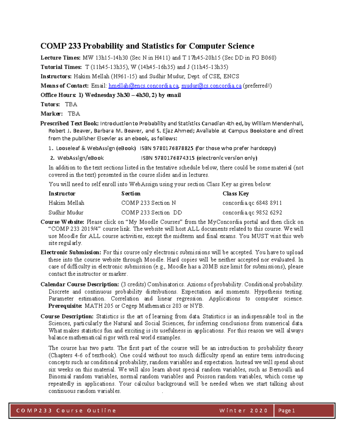 COMP 233 - Course Outline - COMP 233 Probability and Statistics for ...