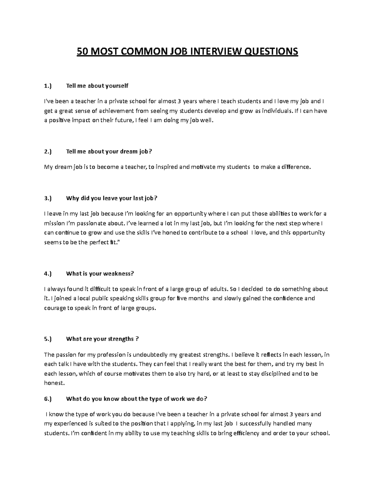 50-MOST- Questions - 50 MOST COMMON JOB INTERVIEW QUESTIONS 1.) Tell me ...