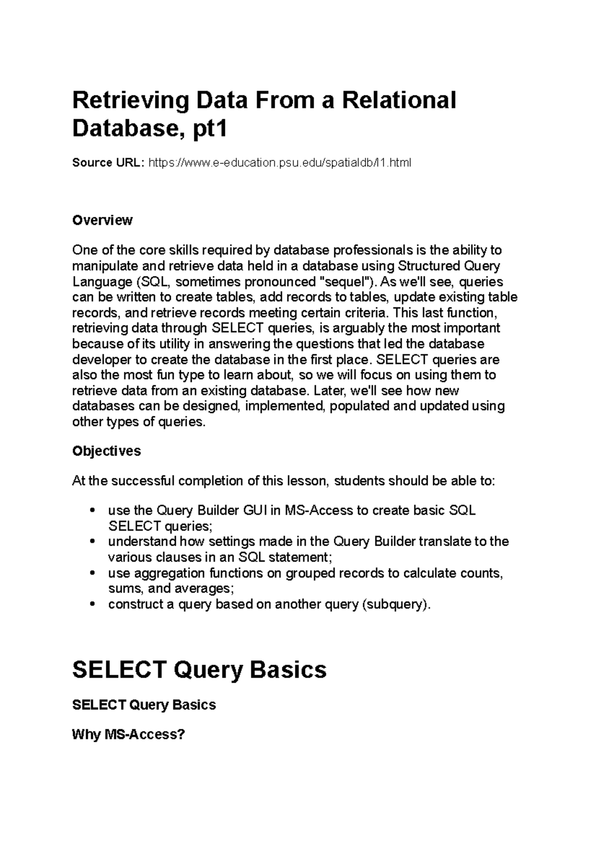 ITECH2004 2020 Access 1 - Retrieving Data From a Relational Database, pt Source URL: - Studocu